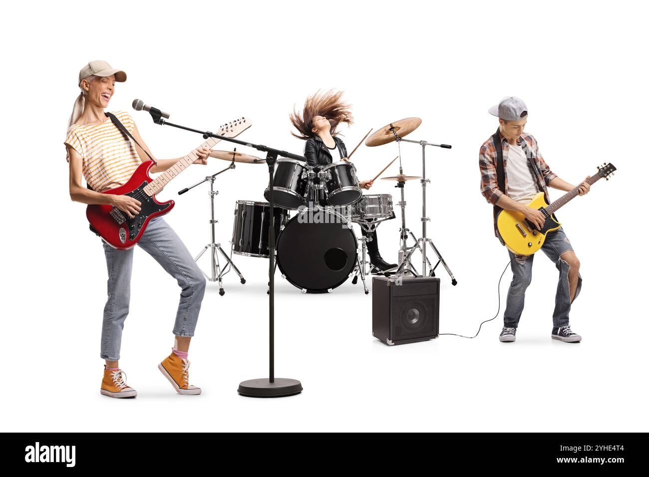 Music band with guitar players and drummer performing isolated on white ...