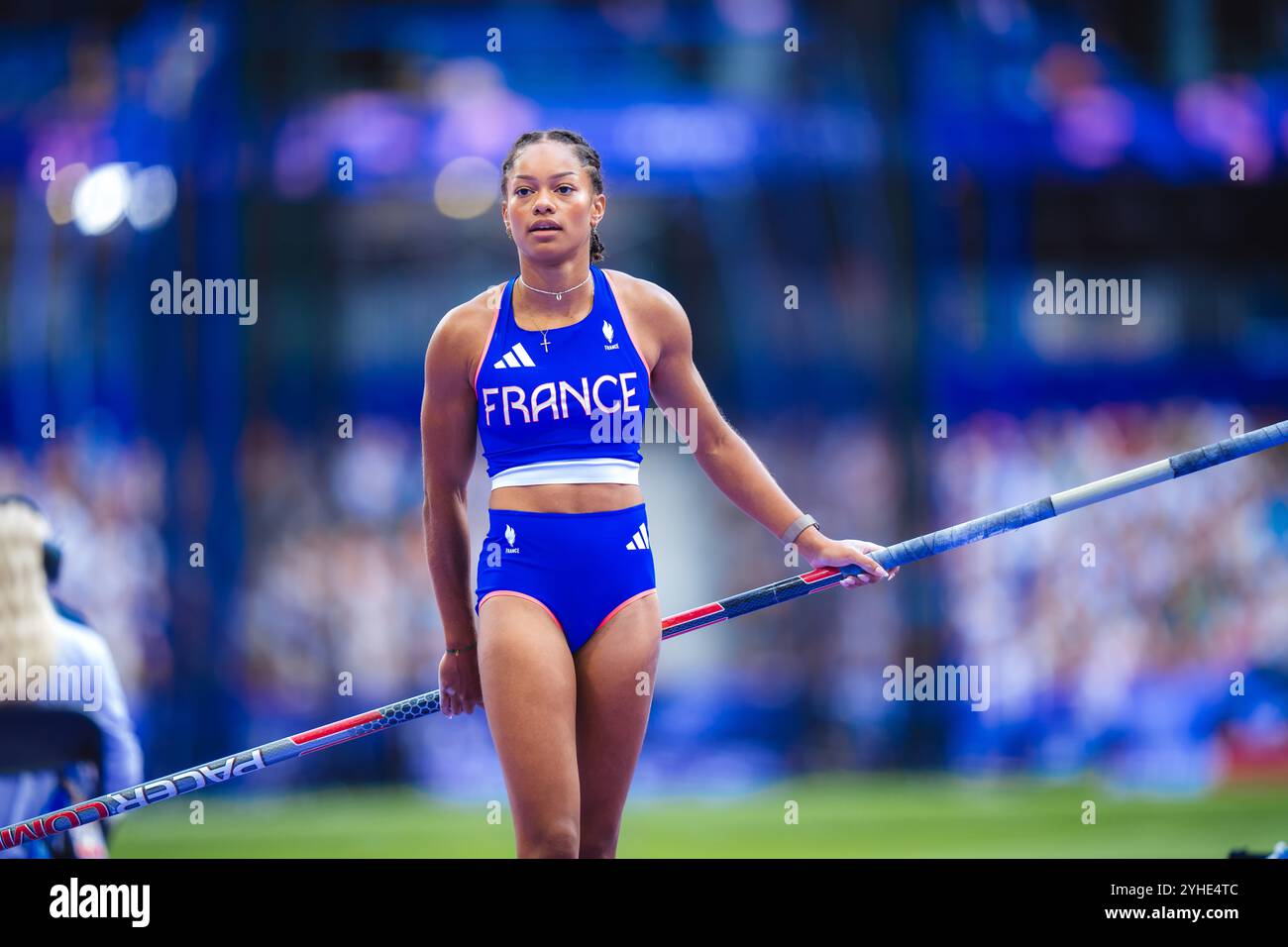 Marie-Julie Bonnin participating in the pole vault at the Paris 2024 ...
