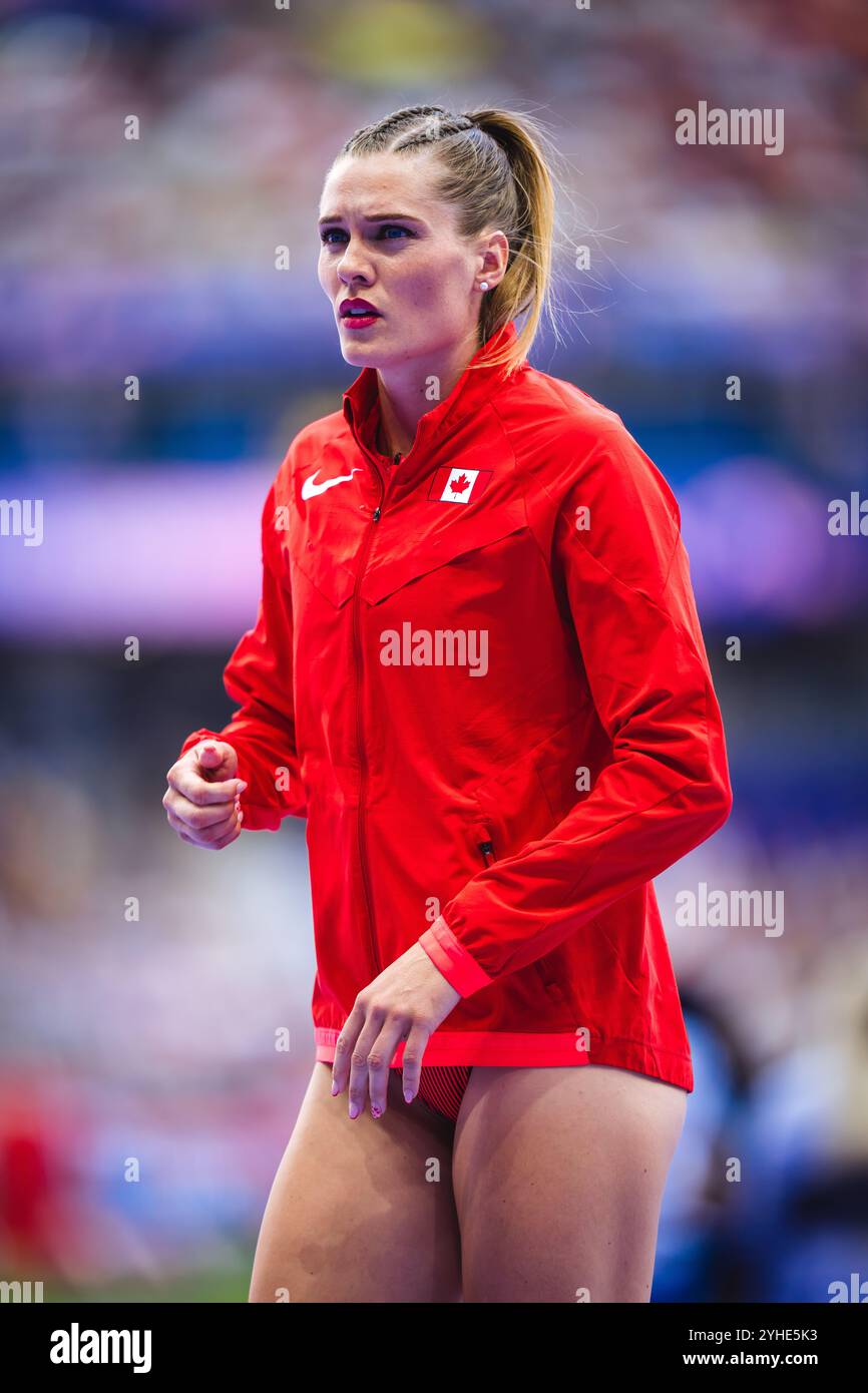 Alysha Newman participating in the pole vault at the Paris 2024 Olympic ...