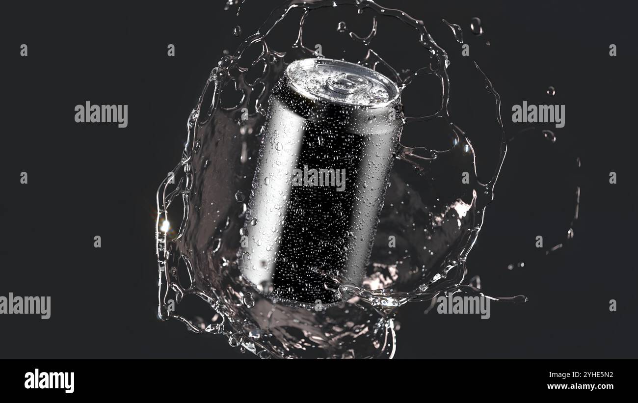 Black 330 ml soda can with drops splash mockup, depth of field, 3d ...