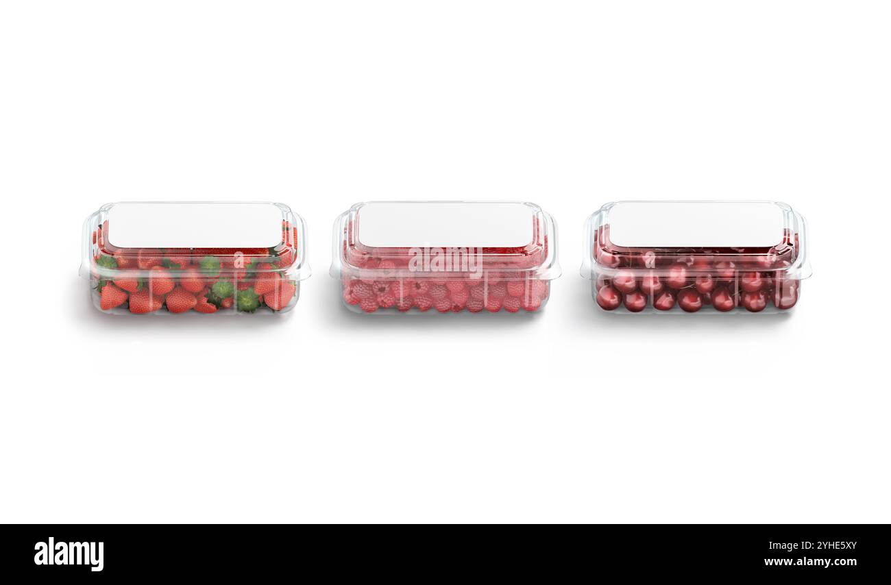 Blank transparent plastic box with strawberry, raspberry, cherry mockup ...