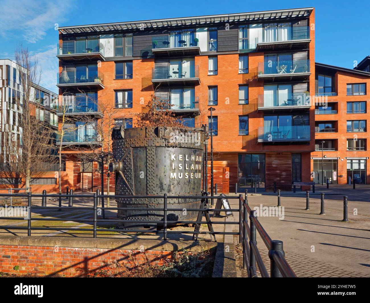 UK, South Yorkshire, Sheffield, Kelham Island Industrial Museum Steel Ladle and Modern ...