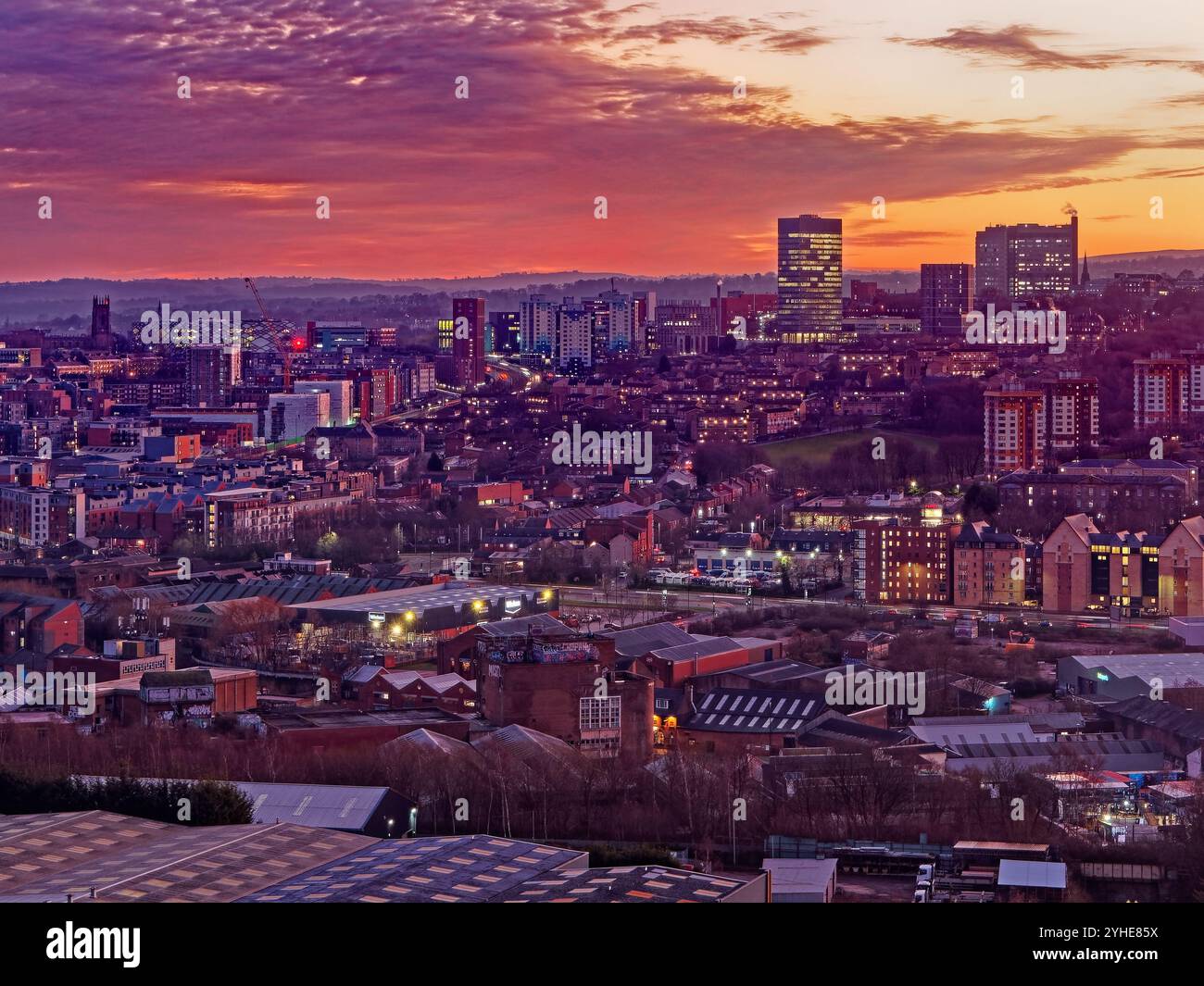 UK, South Yorkshire, Sheffield Skyline Sunset from Parkwood Springs ...