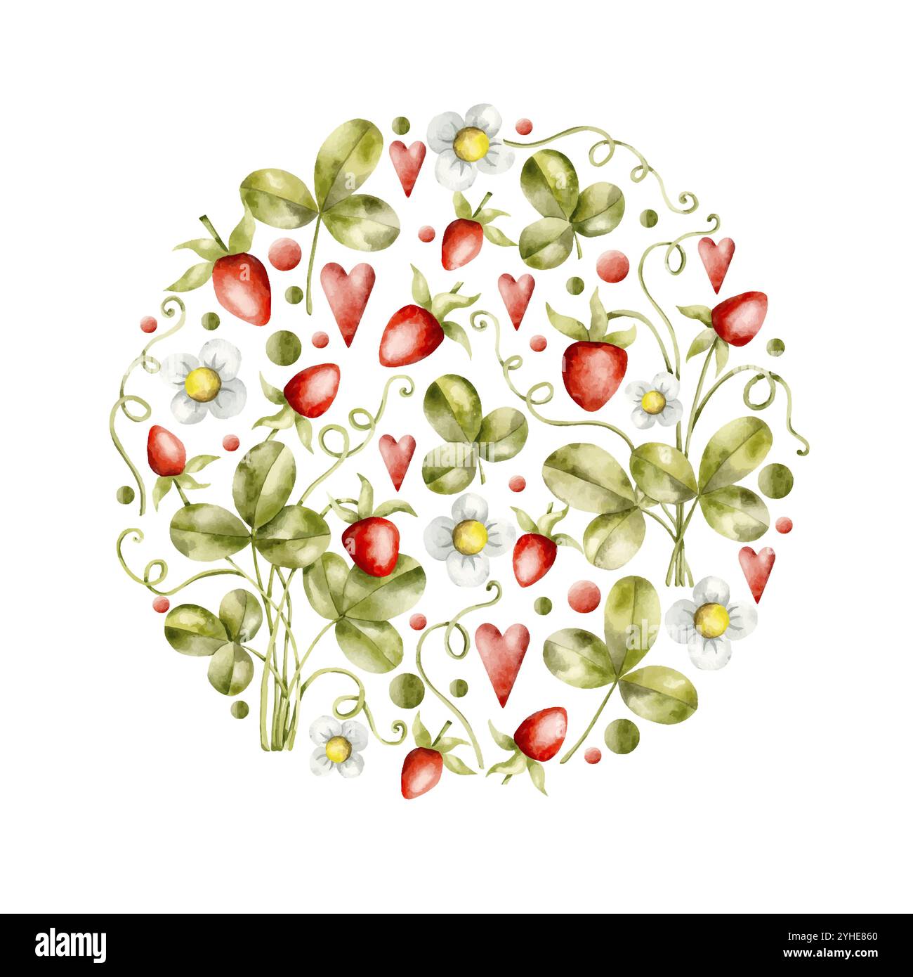 Hand-drawn, watercolor round illustration with bright strawberries ...