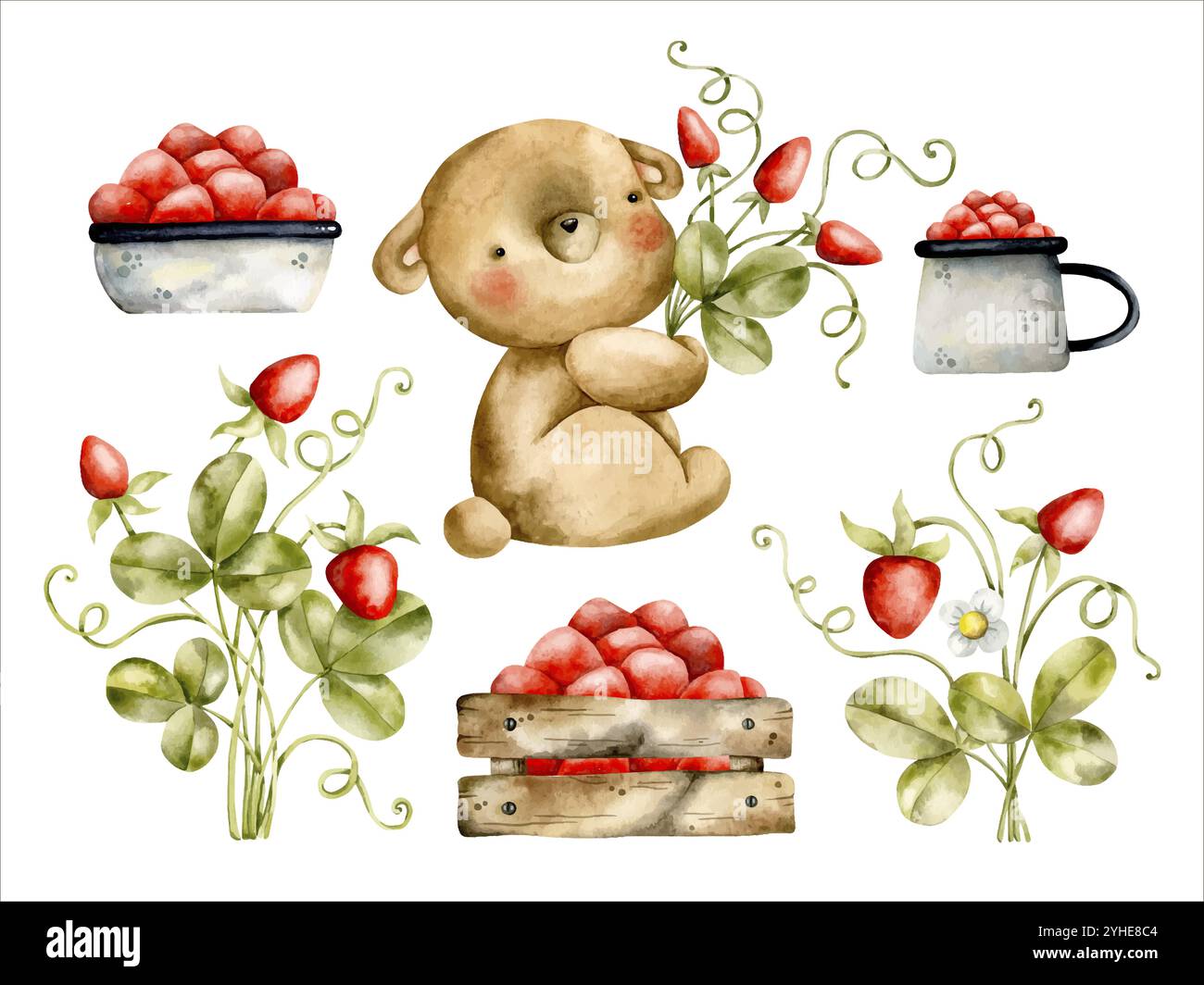 Hand-drawn, watercolor set with cute teddy bear with bouquet of ...