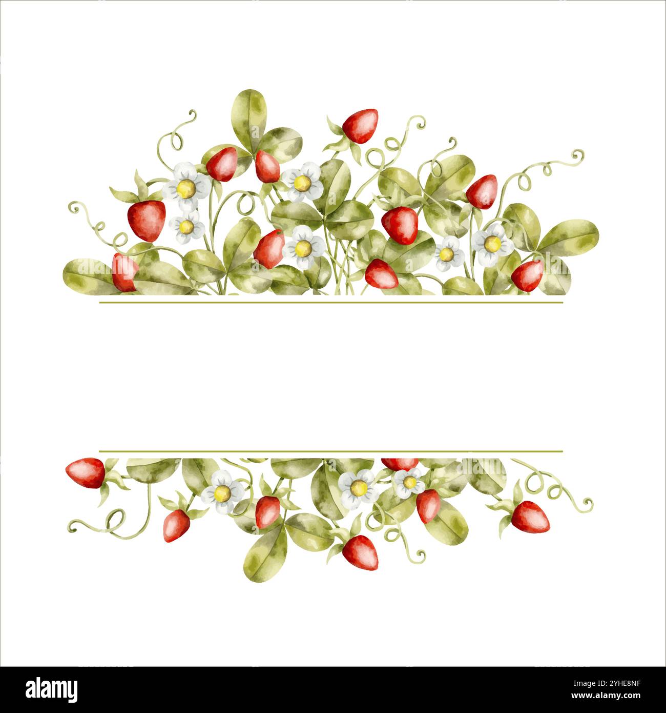 Hand-drawn, watercolor frame with strawberry bushes. Cartoon berries ...