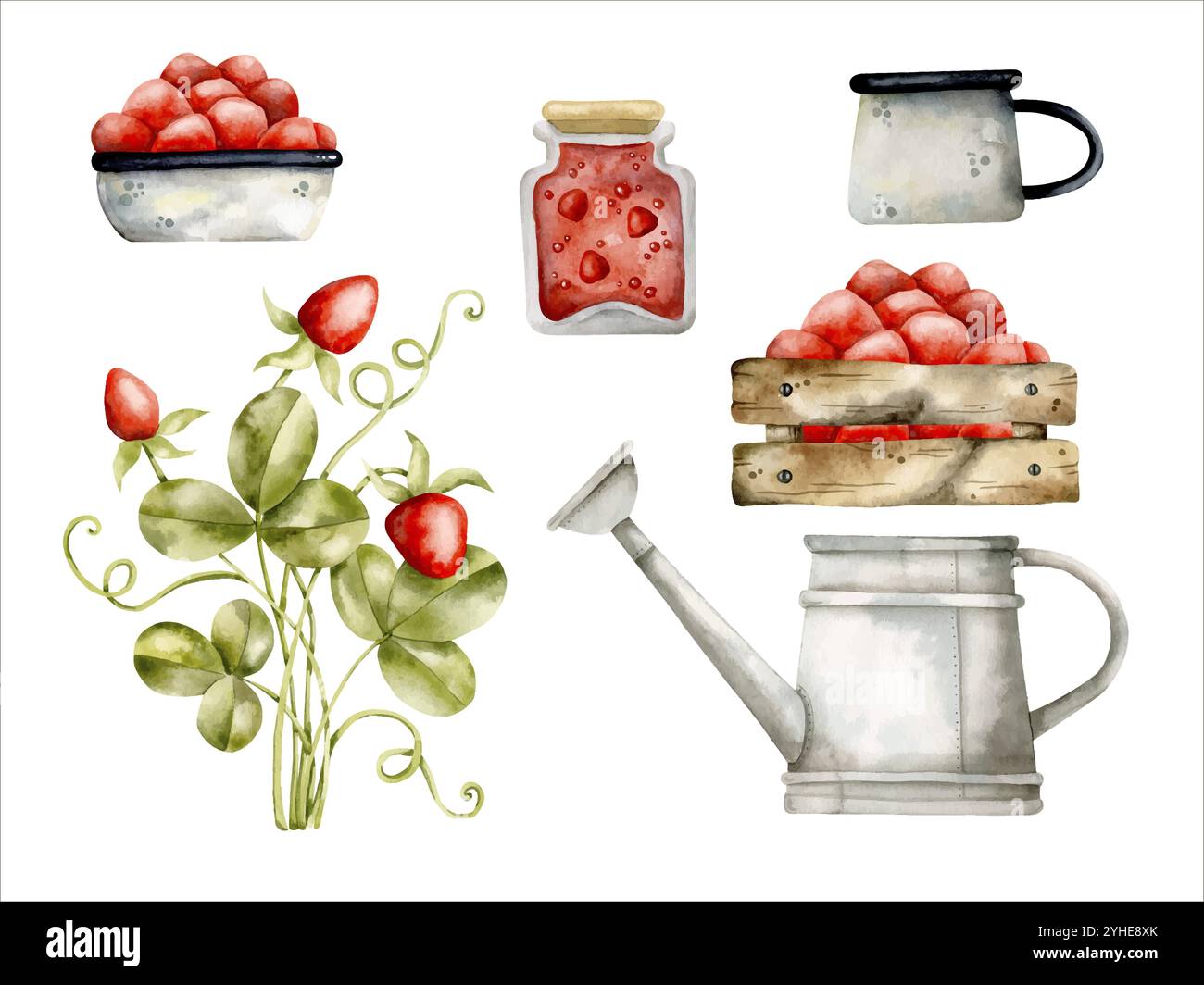 Hand-drawn, watercolor set with bright strawberry bush, wooden rustic ...