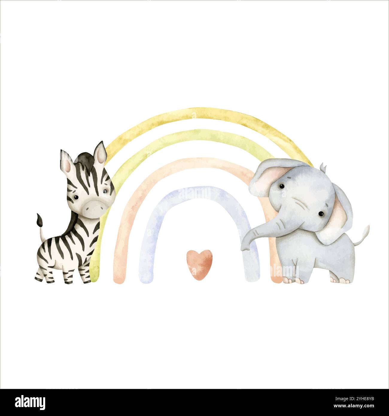 Safari watercolor hand-drawn illustration with baby elephant, zebra and ...