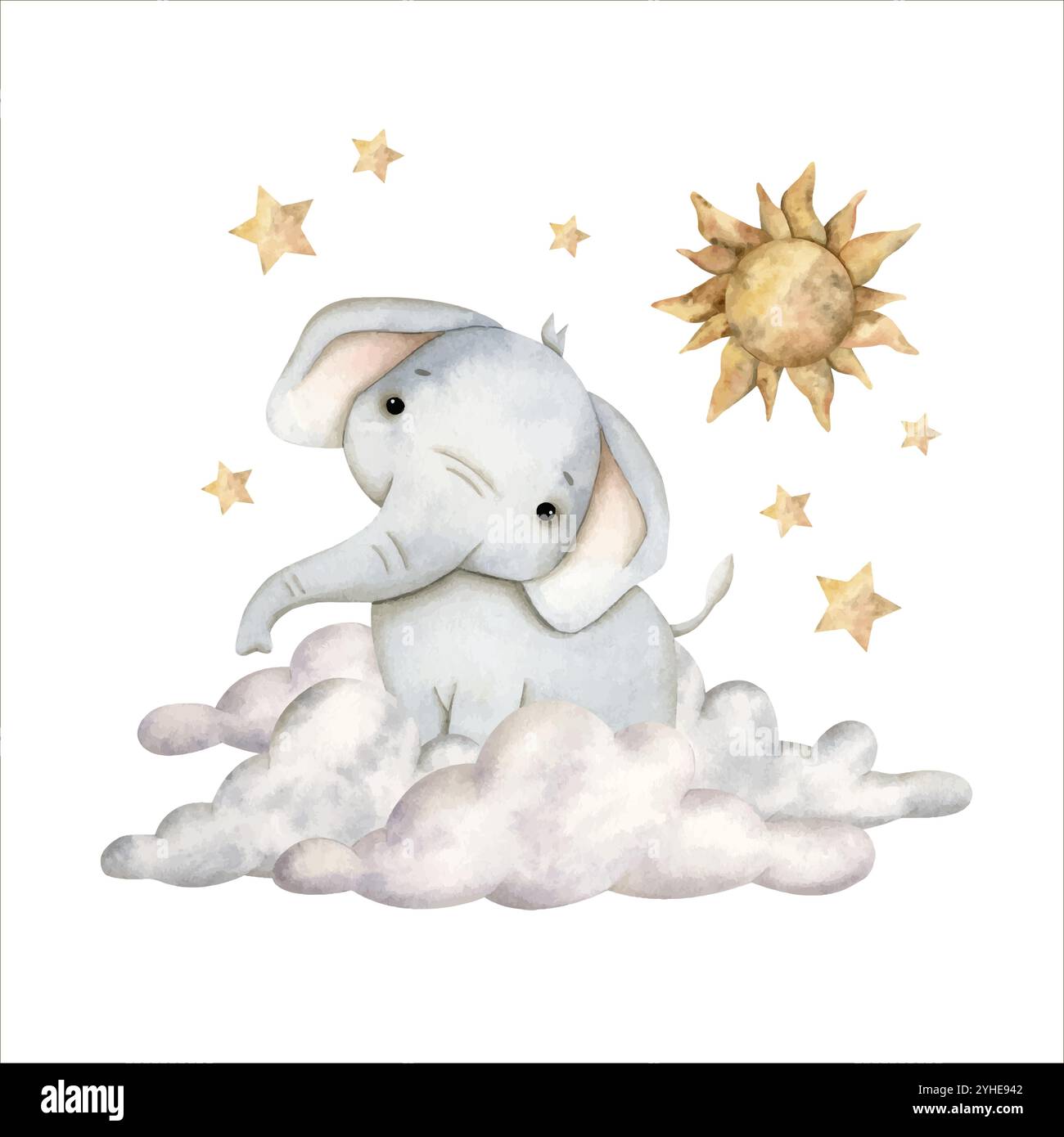 Safari watercolor hand-drawn illustration with baby elephant, clouds ...