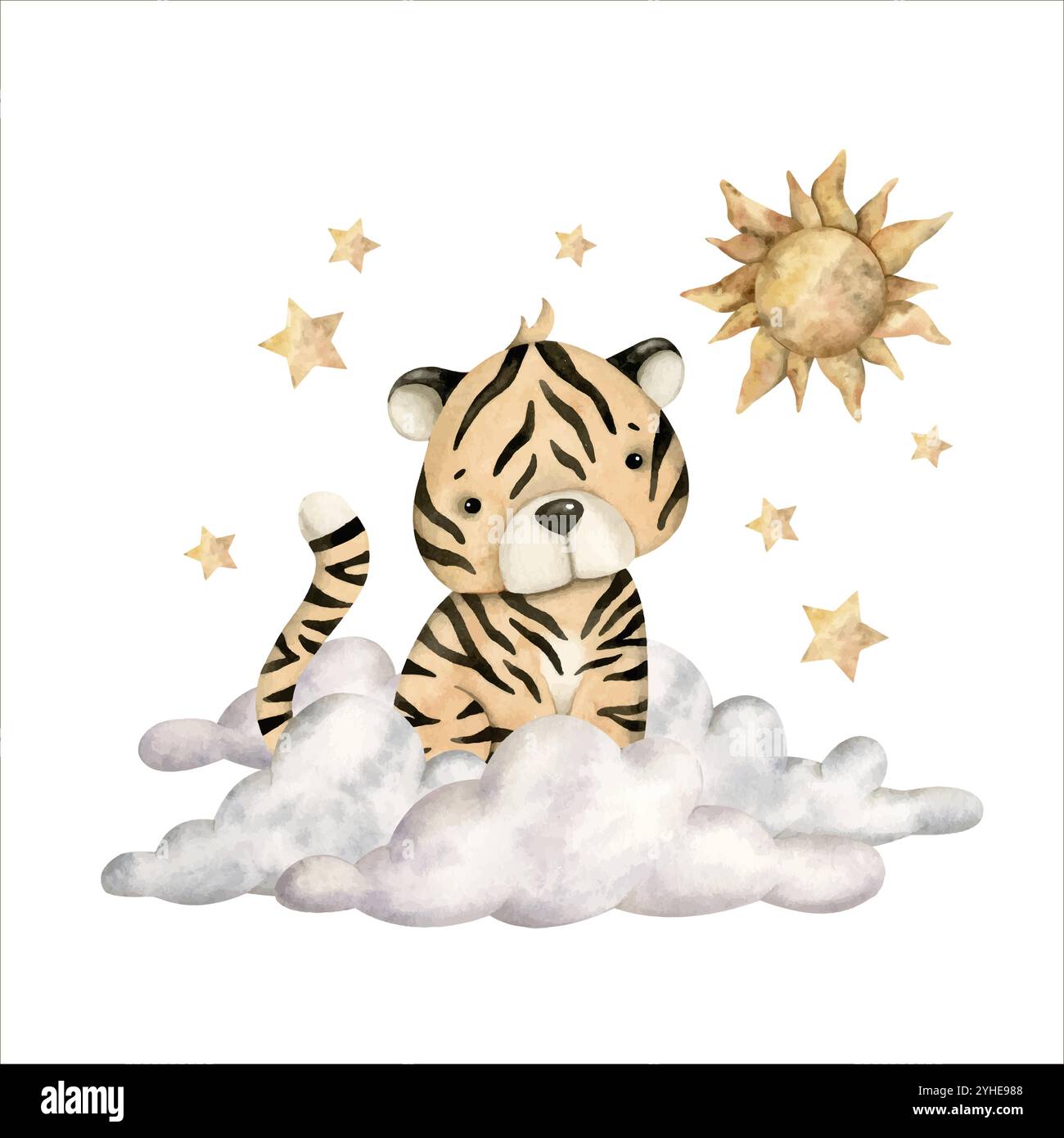 Safari watercolor hand-drawn illustration with baby tiger, clouds, sun ...
