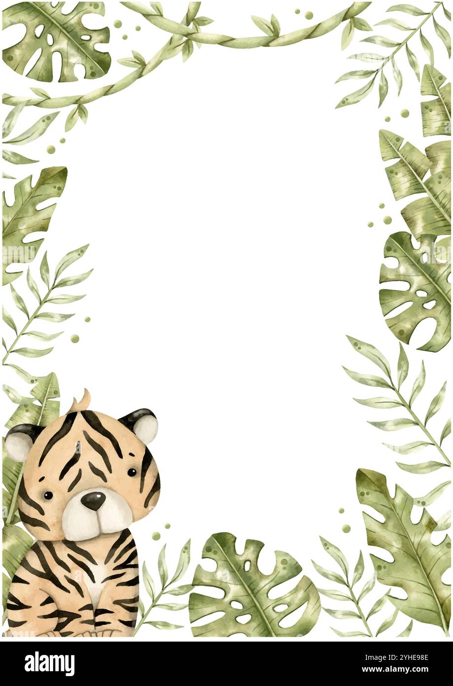 Safari watercolor hand-drawn illustration, frame with baby tiger and ...