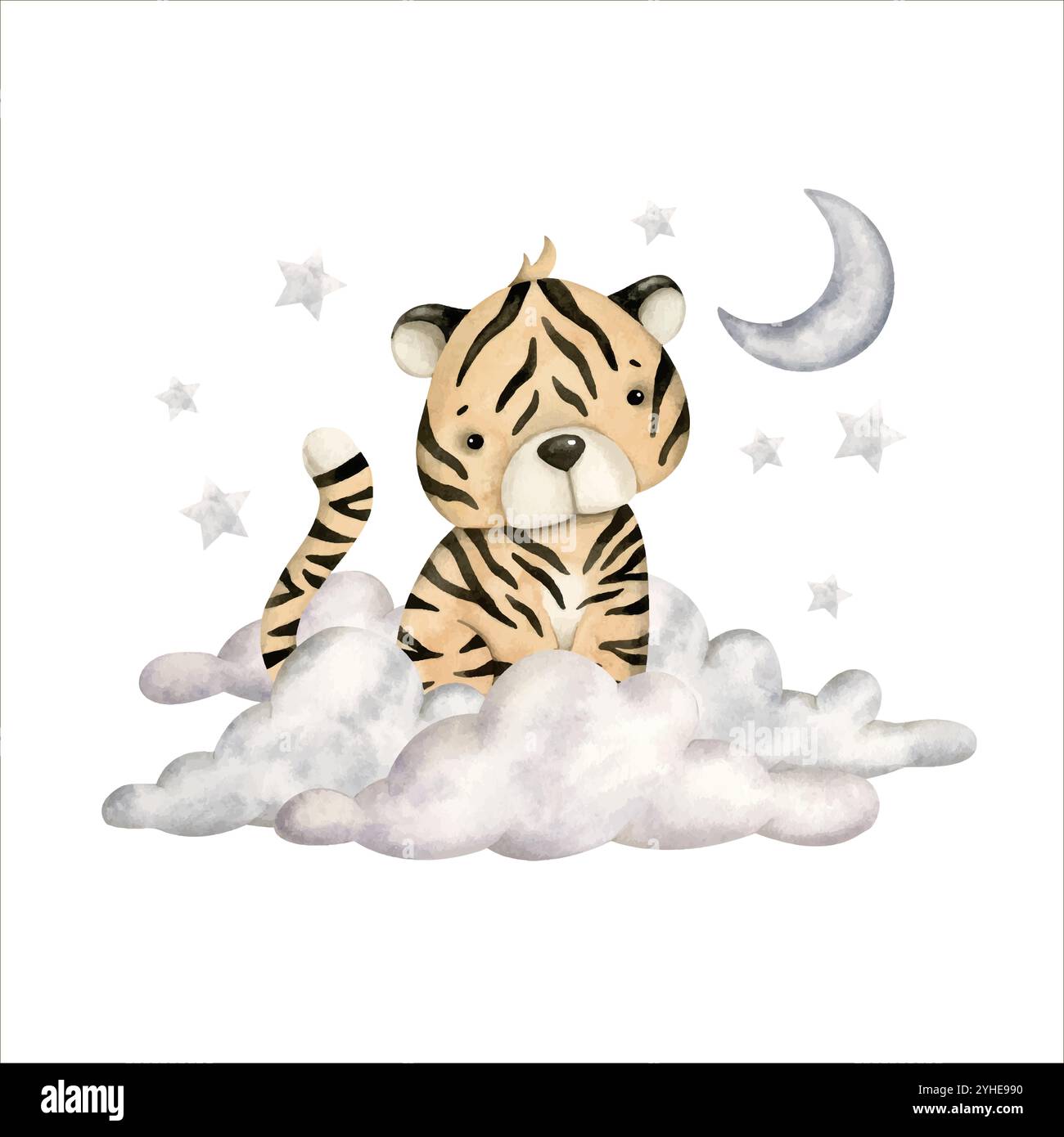 Safari watercolor hand-drawn illustration with baby tiger, clouds, moon ...