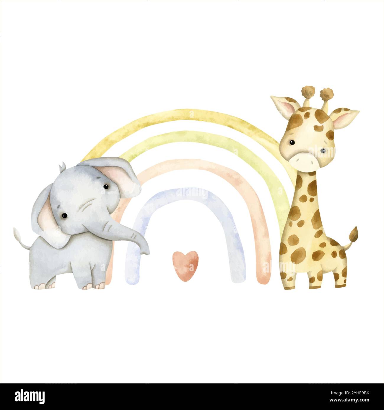 Safari watercolor hand-drawn illustration with baby elephant, giraffe ...