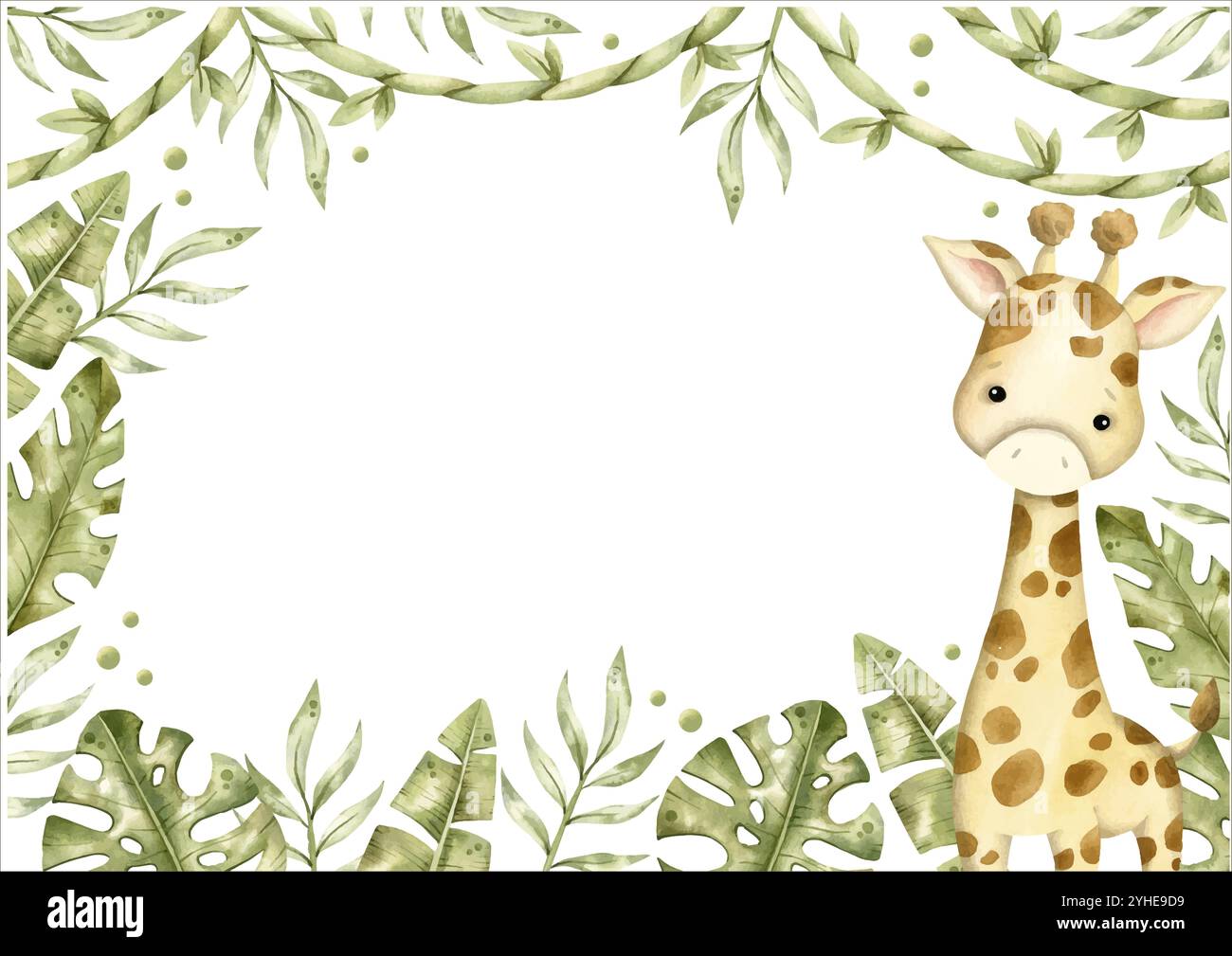 Safari watercolor hand-drawn illustration, frame with baby, giraffe and ...