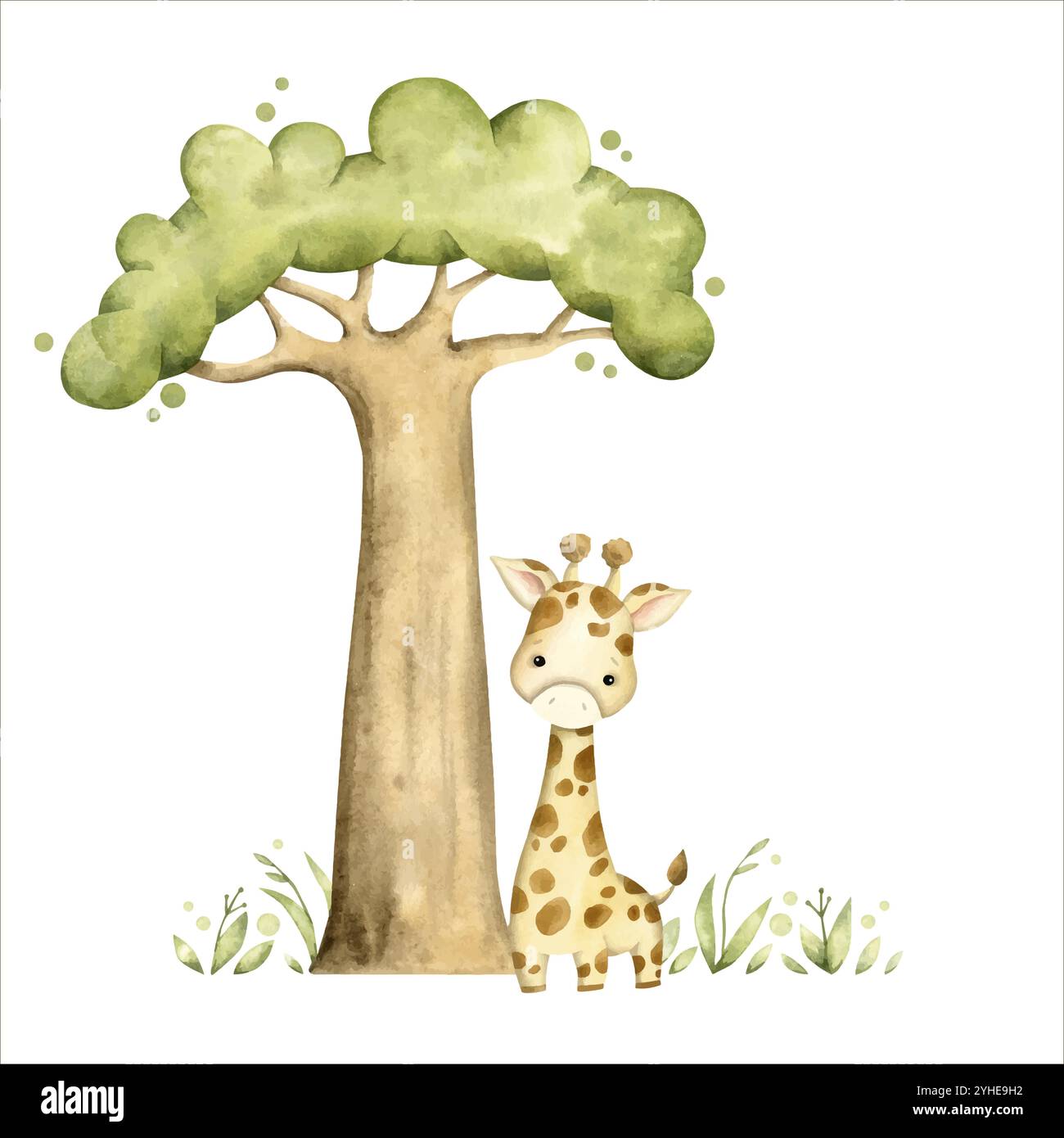 Safari watercolor hand-drawn illustration with baby giraffe and baobab ...