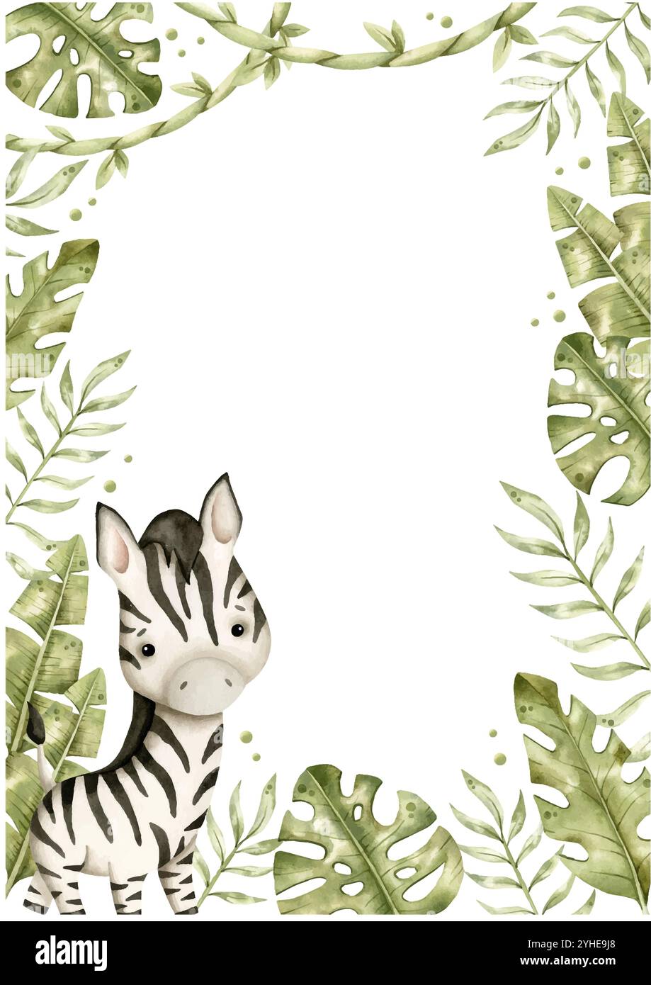 Safari watercolor hand-drawn illustration, frame with baby zebra and ...