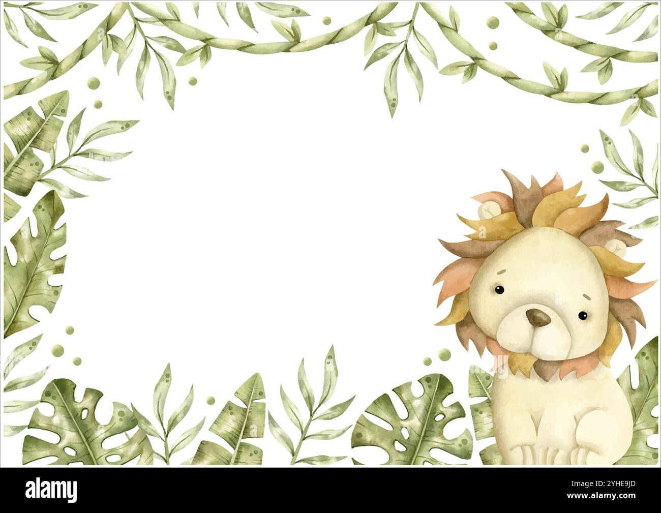 Safari watercolor hand-drawn illustration, frame with baby lion and ...