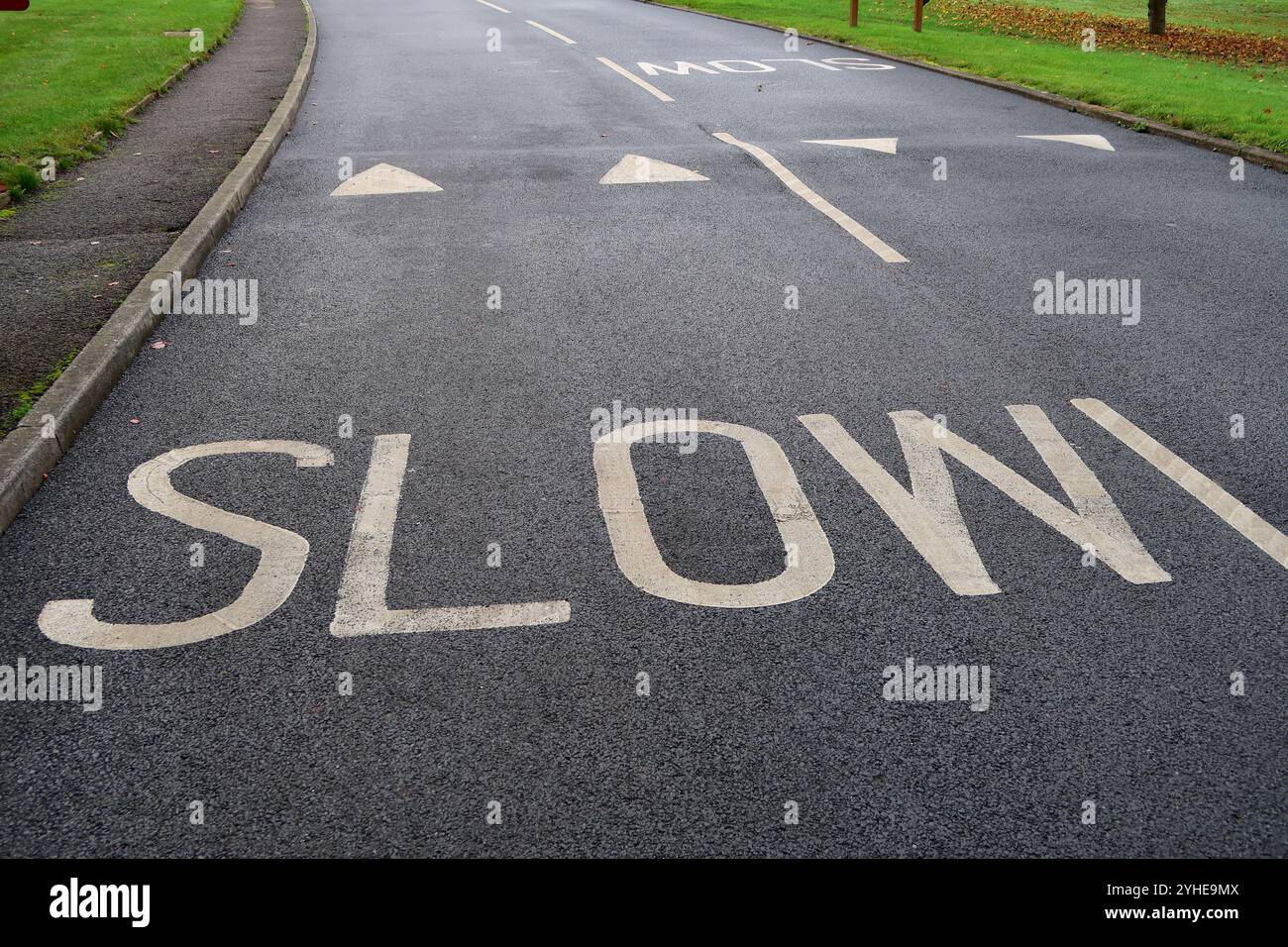 Speed humps and slow sign on the access road to Heythrop Park hotel and ...