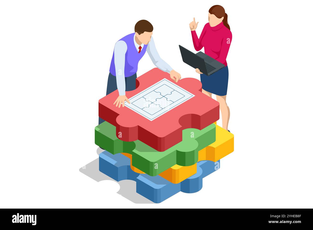 Isometric Business Puzzle. Teamwork and partnership. Business people ...