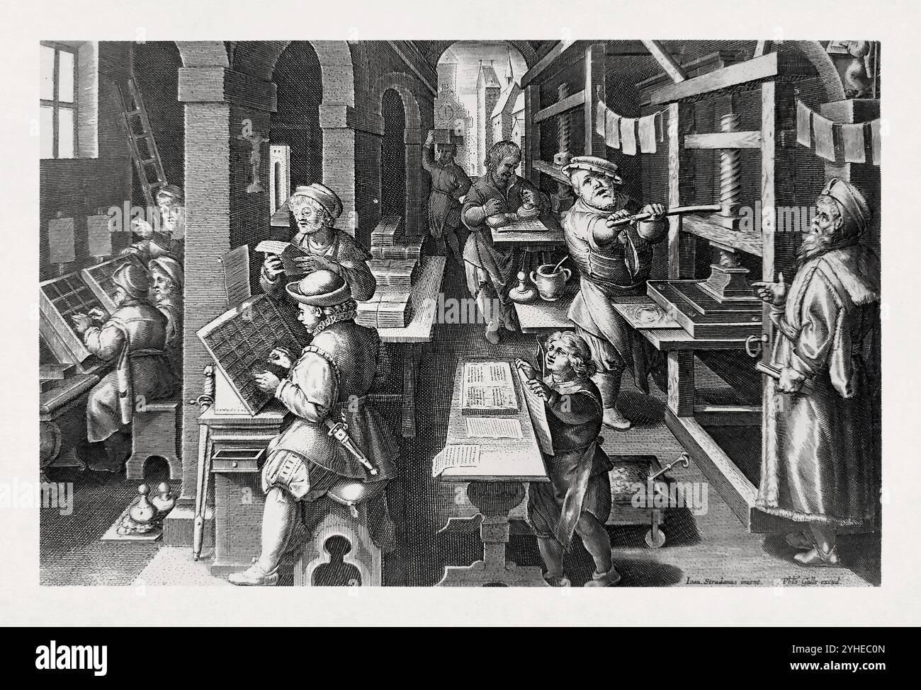 Engraving depicting 16th century Flemish printer's shop Stock Photo - Alamy