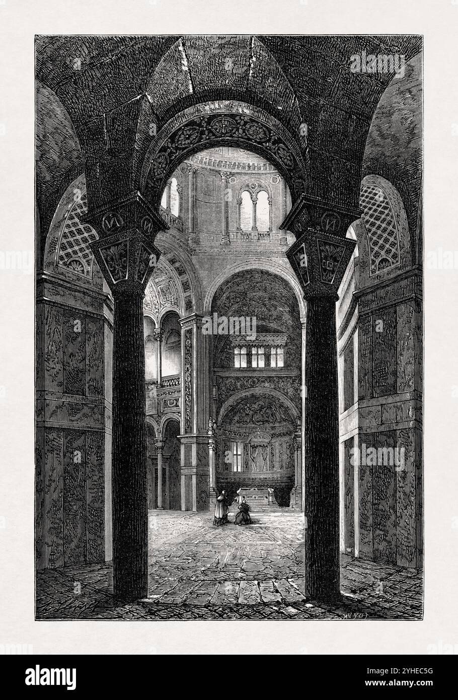 Engraving depicting the interior of the Church of San Vitale in Ravenna ...