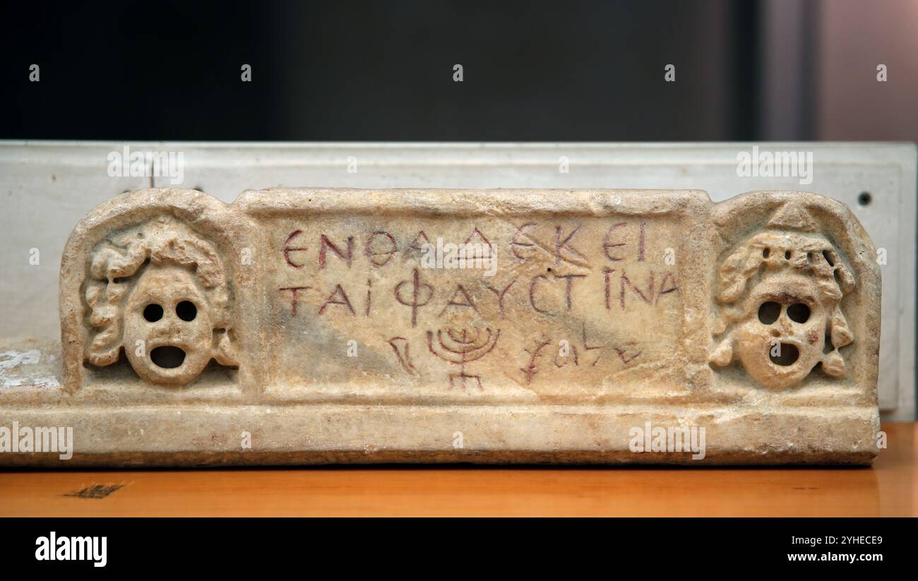 Faustgina's sarcophagus. Decorated: masks and Jewish symbols (menorah ...