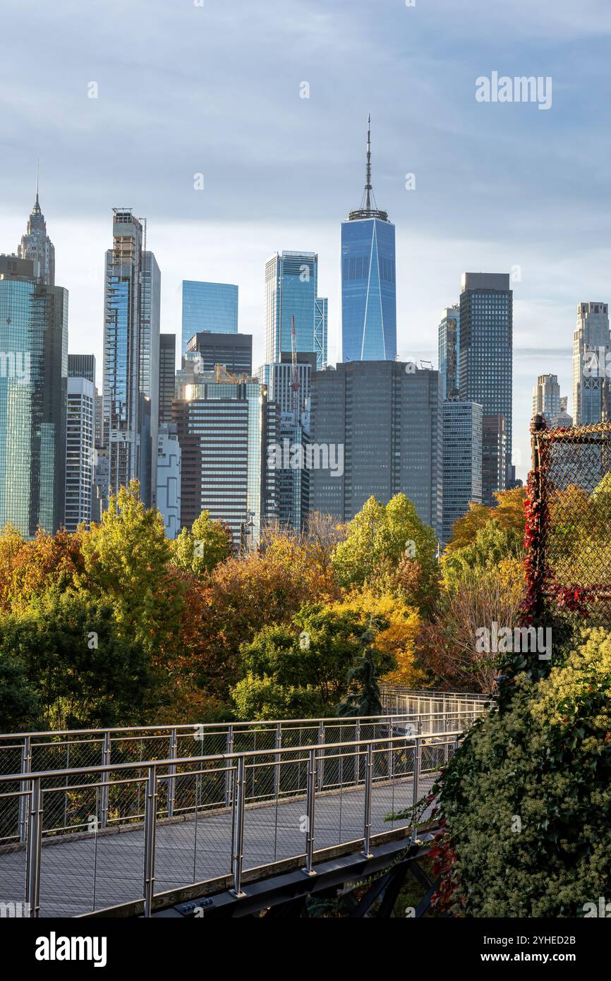 The skyline of Manhattan, New York, seen behind a parkland with ...