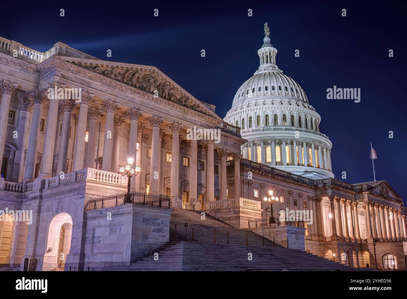 The famous illuminated United States Capitol in Washington DC at night ...