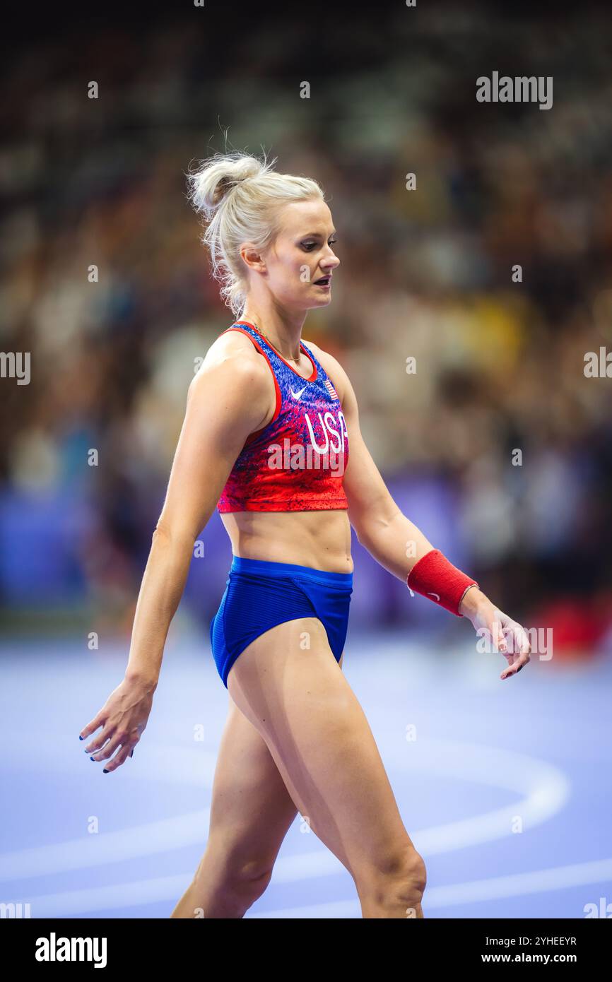Katie Moon participating in the pole vault at the Paris 2024 Olympic ...