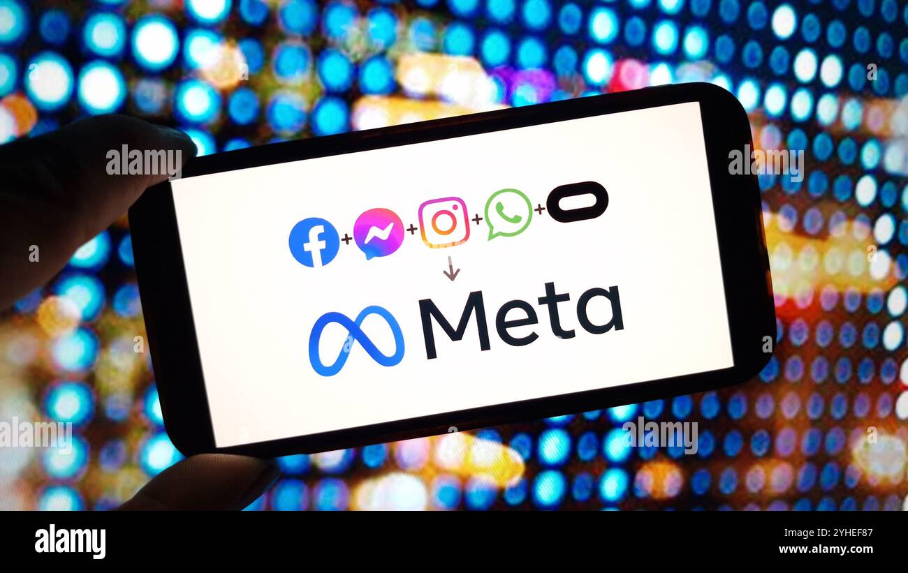 Konskie, Poland - November 10, 2024: Meta Platforms company logo displayed on mobile phone Stock ...