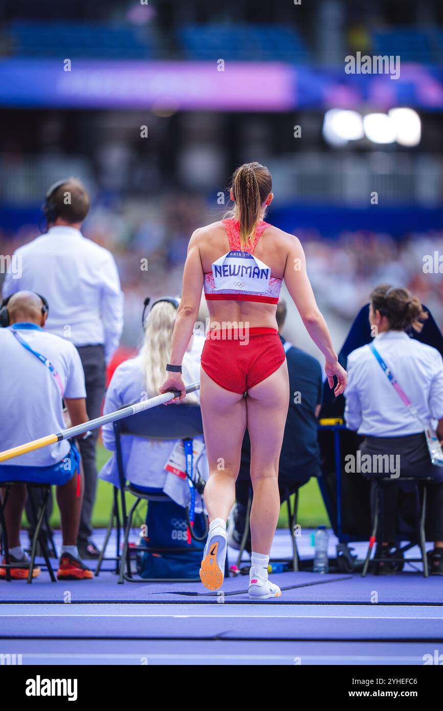 Alysha Newman participating in the pole vault at the Paris 2024 Olympic ...