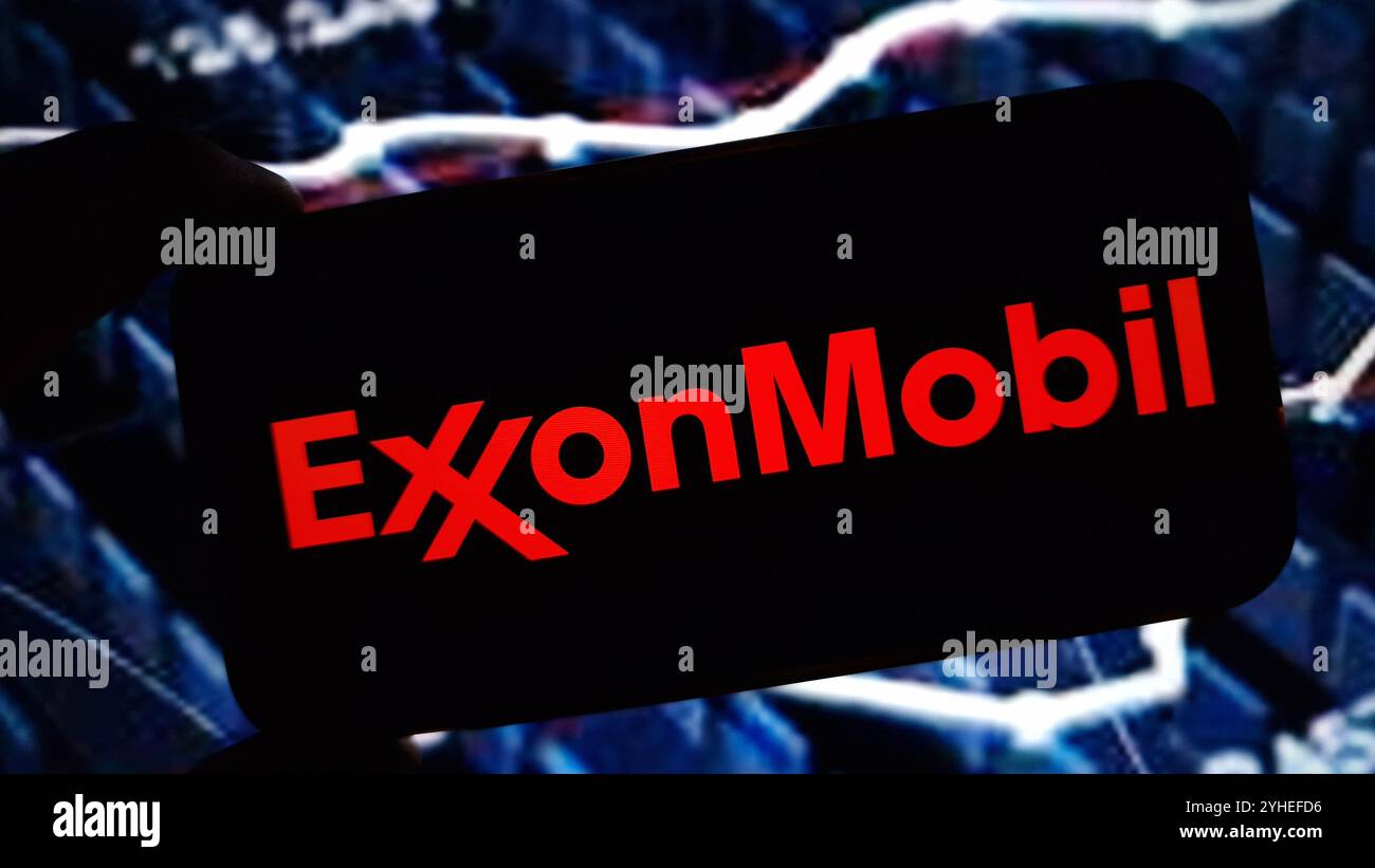 Konskie, Poland - November 10, 2024: Exxon Mobil company logo displayed ...