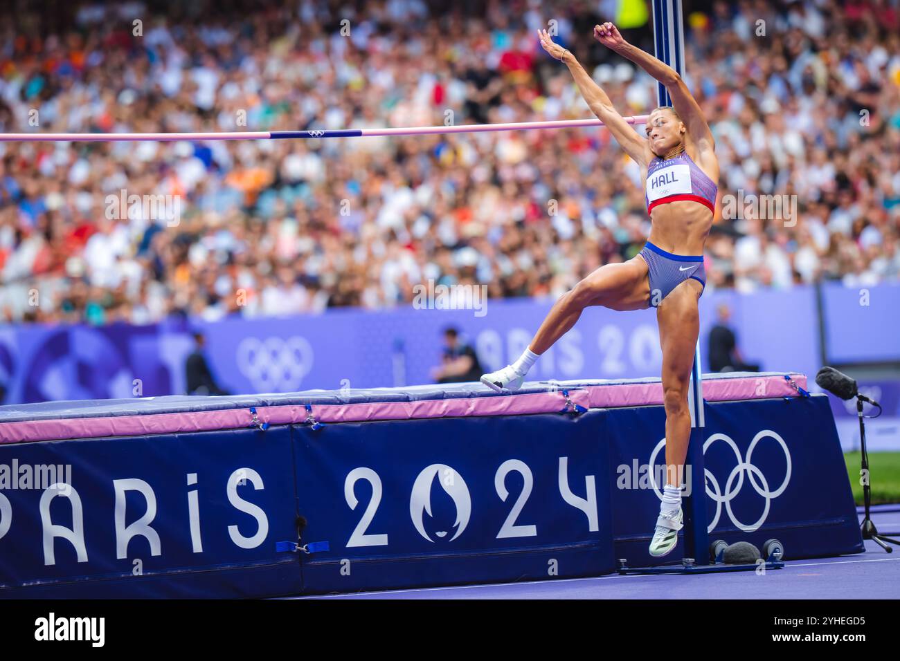 Anna Hall participating in the high jump at the Paris 2024 Olympic ...