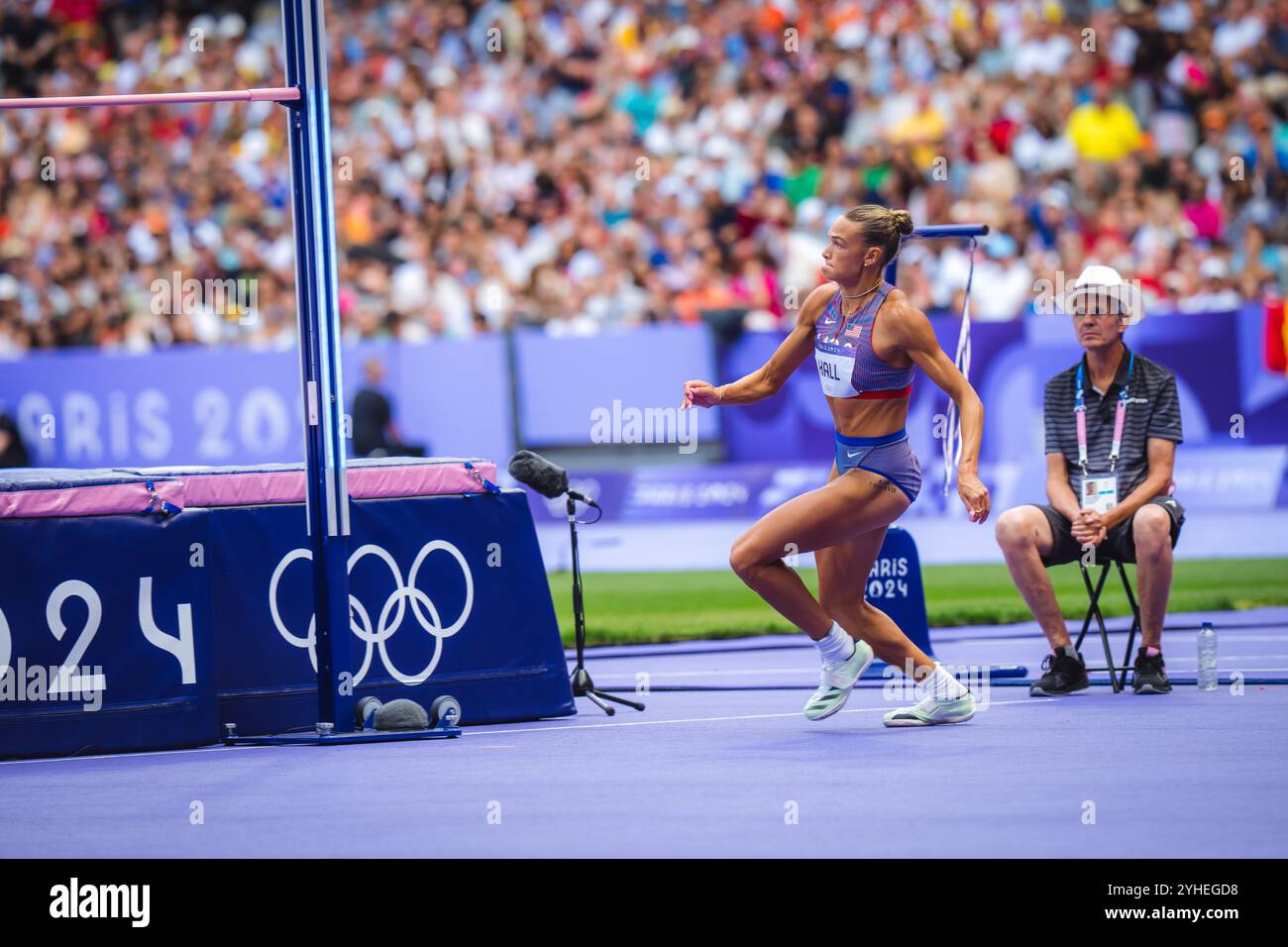 Anna Hall participating in the high jump at the Paris 2024 Olympic ...