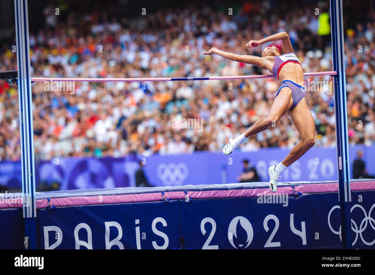 Anna Hall participating in the high jump at the Paris 2024 Olympic ...