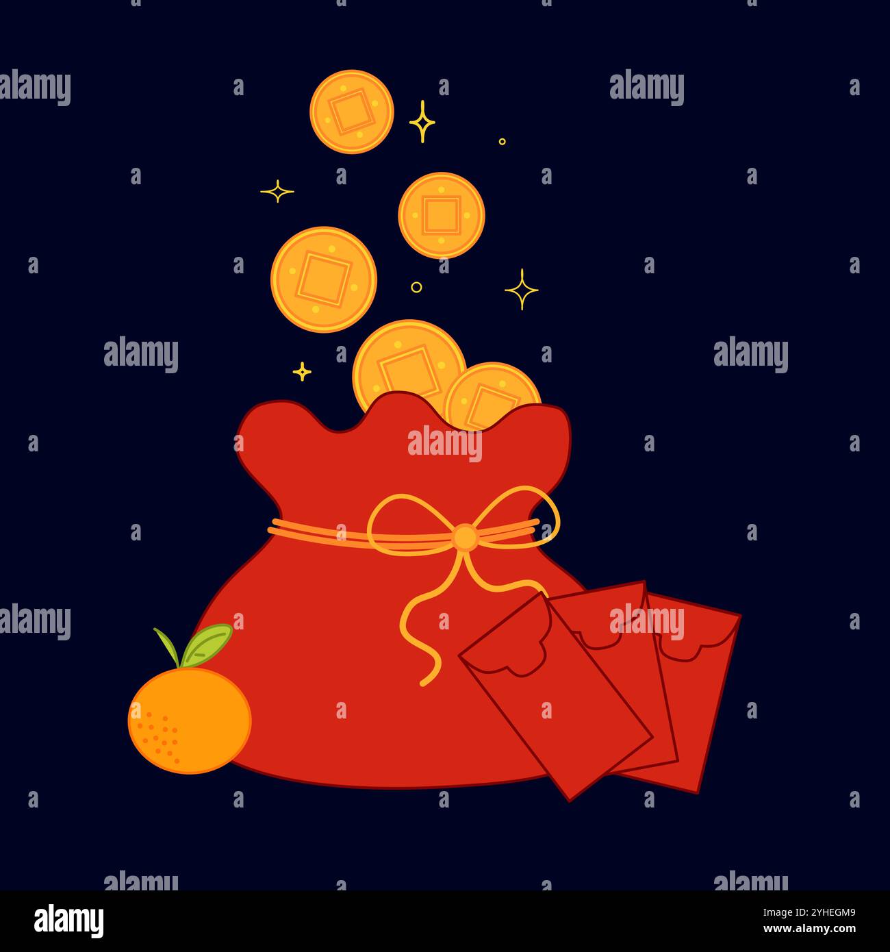 Minimalist CNY composition with red bag, gold coins, mandarin and red ...