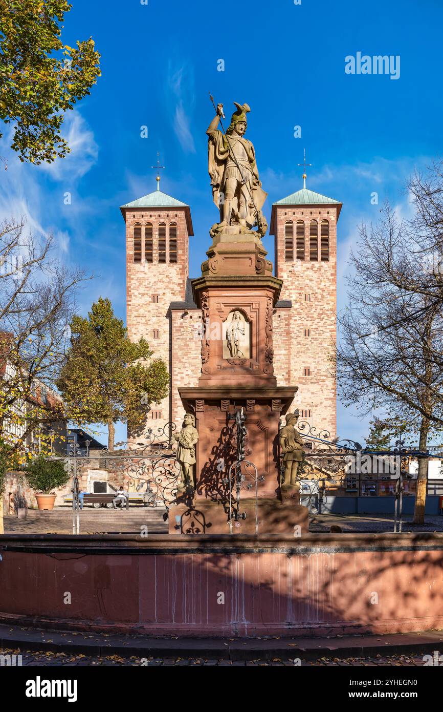 Bensheim: St George's Church and fountain with patron saint St George ...