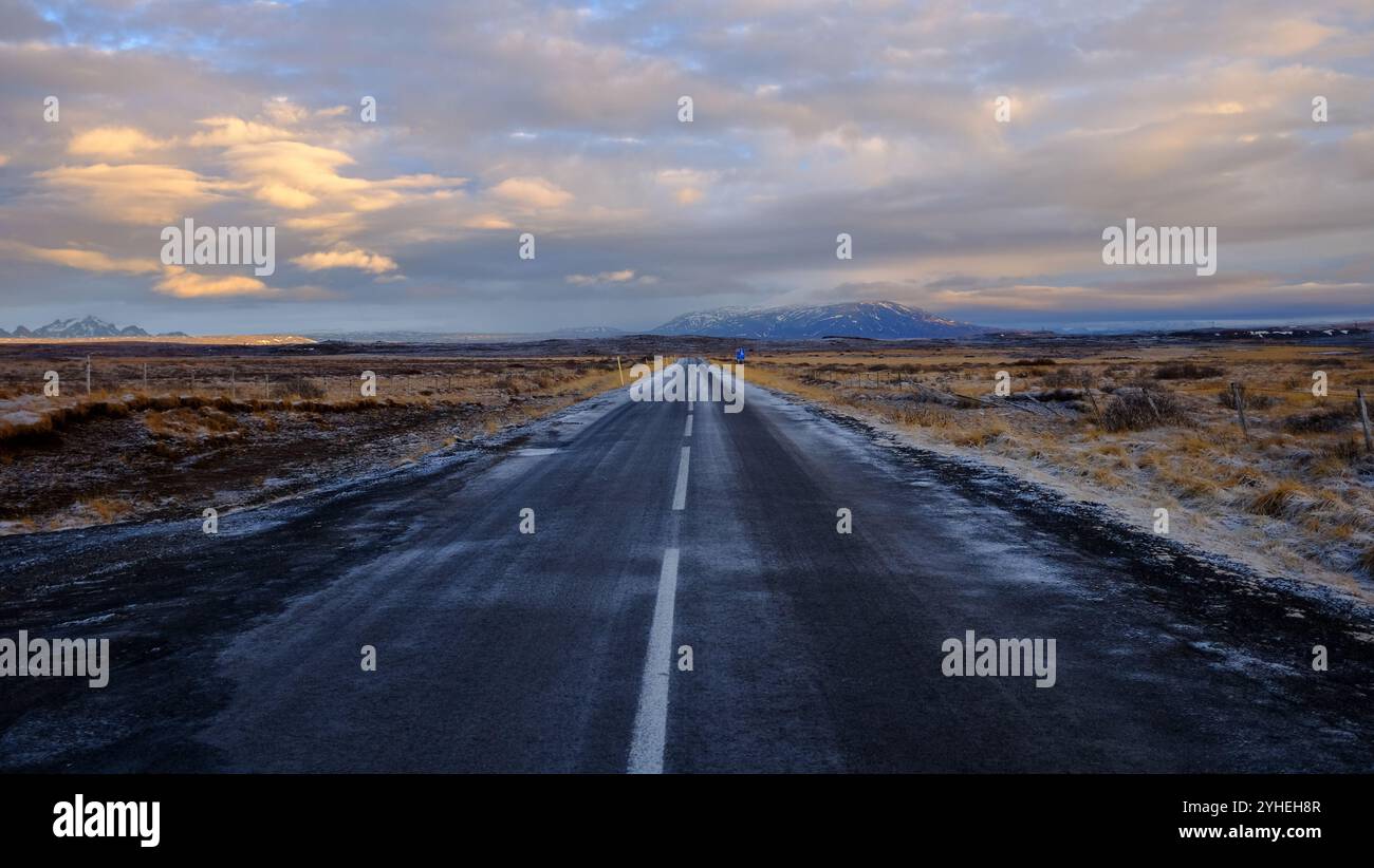 The rugged landscape of Iceland viewed from the highway on the Golden ...
