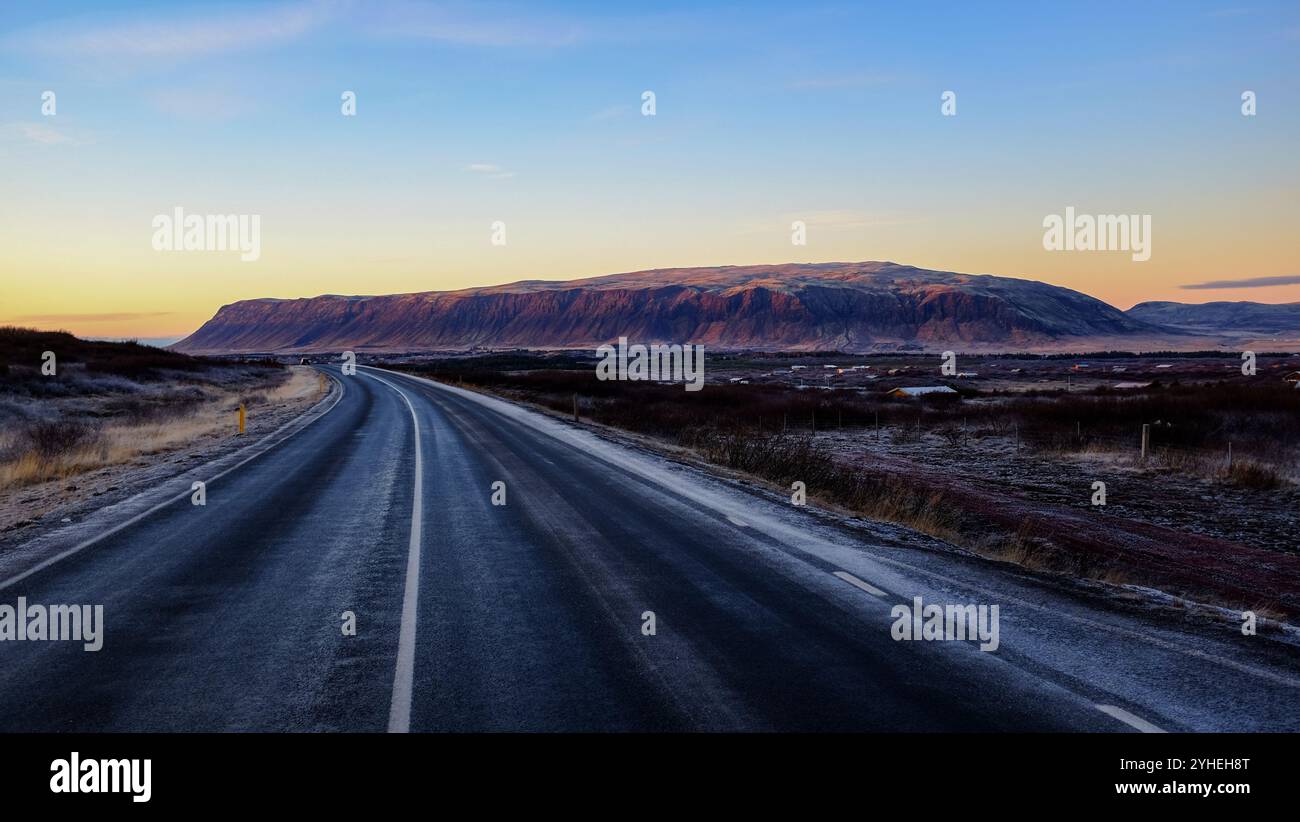 The rugged landscape of Iceland viewed from the highway on the Golden ...