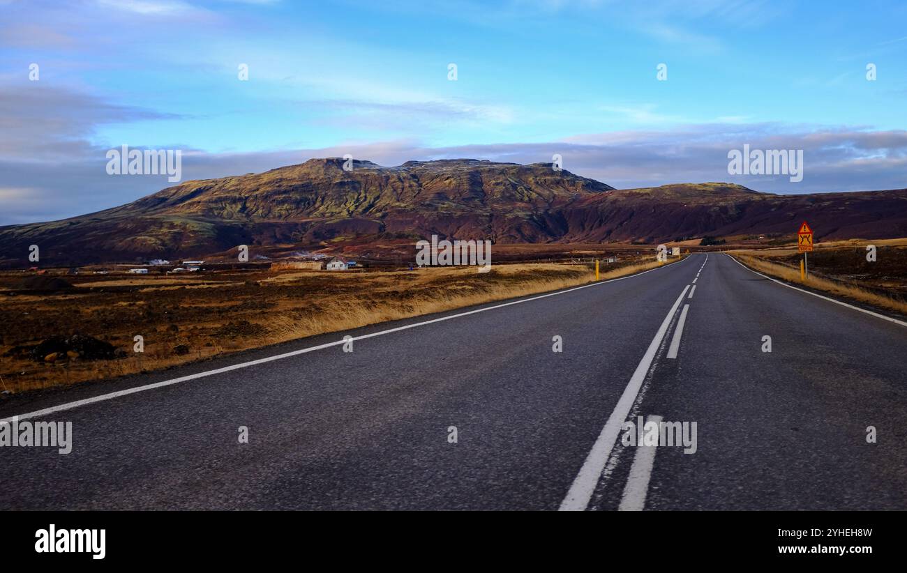 The rugged landscape of Iceland viewed from the highway on the Golden ...