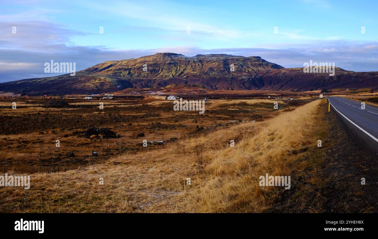The rugged landscape of Iceland viewed from the highway on the Golden ...