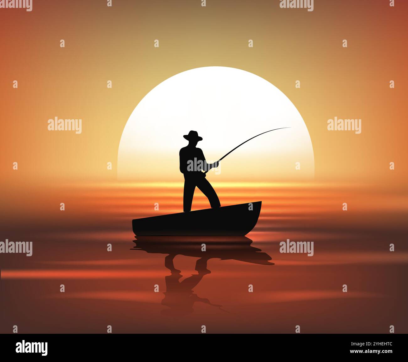Fishing sunset. Fisherman in boat on sundown sea background vector ...