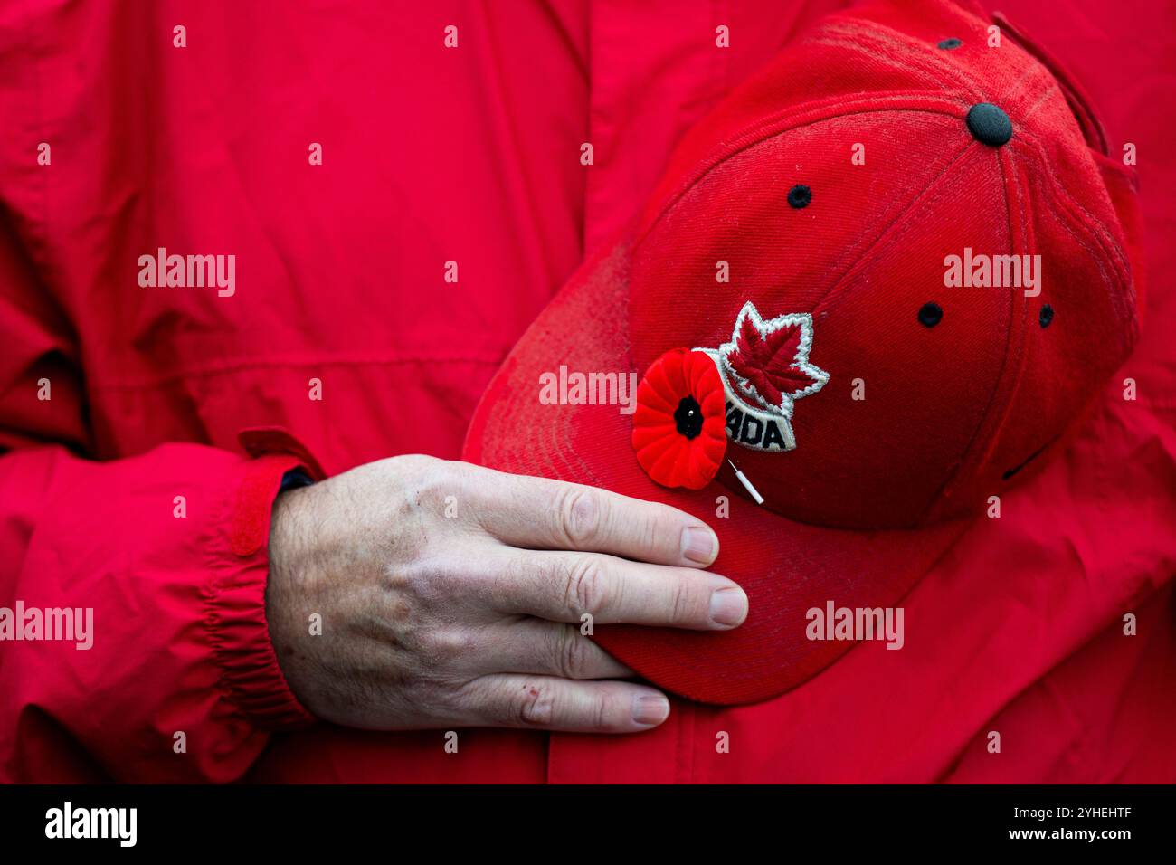 A person holds a ball cap with a poppy attached to it during the ...