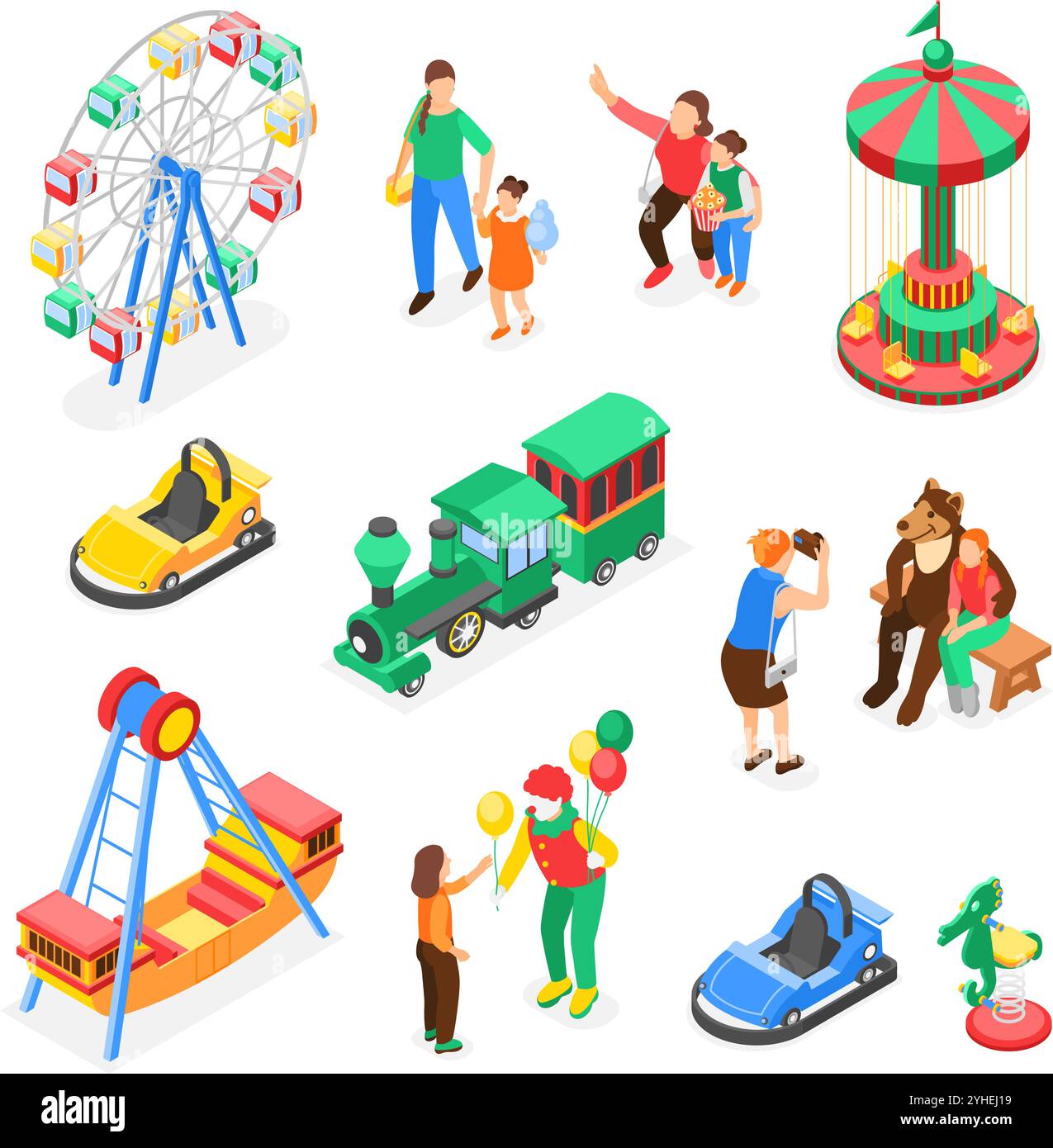 Isometric amusement park elements. Ferris wheel cars swing boat, clown ...