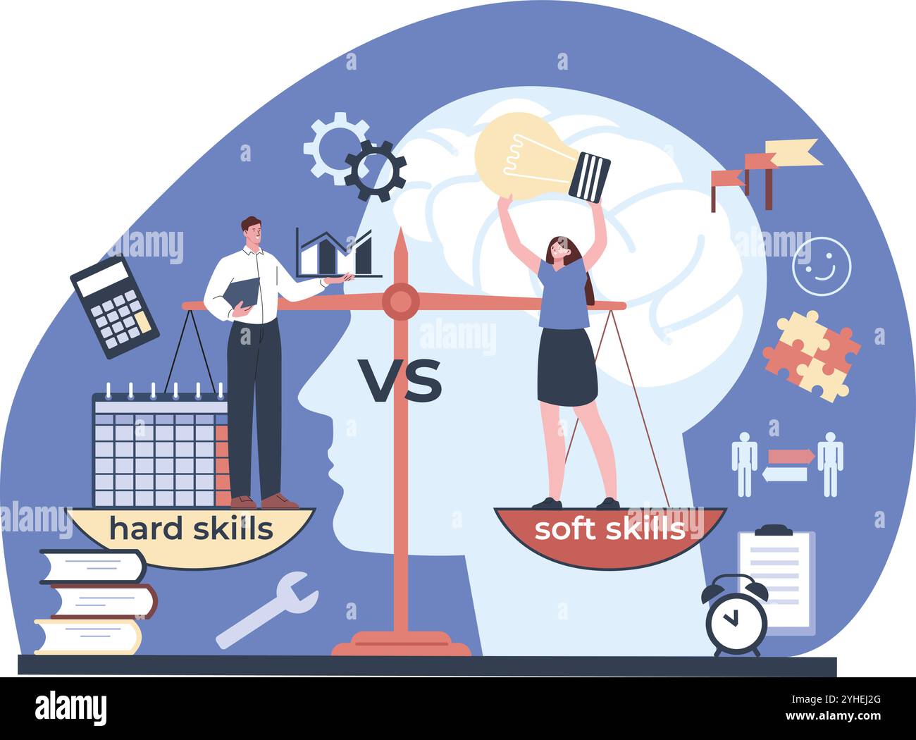 Hard and soft skills employees. Man woman stand od scales and have ...