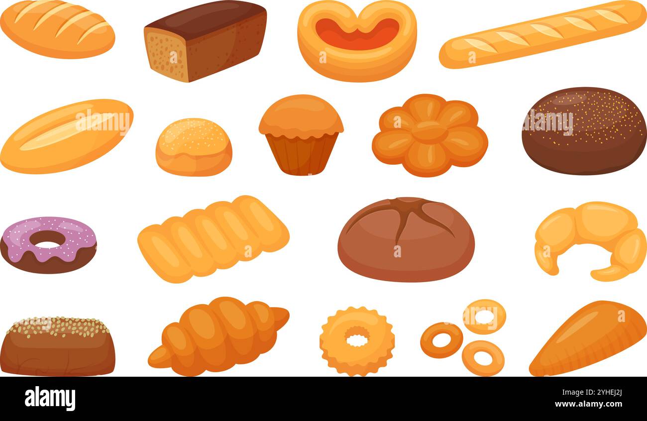 Cartoon bread. Bakery products, buns breads cupcake donut. Croissant ...