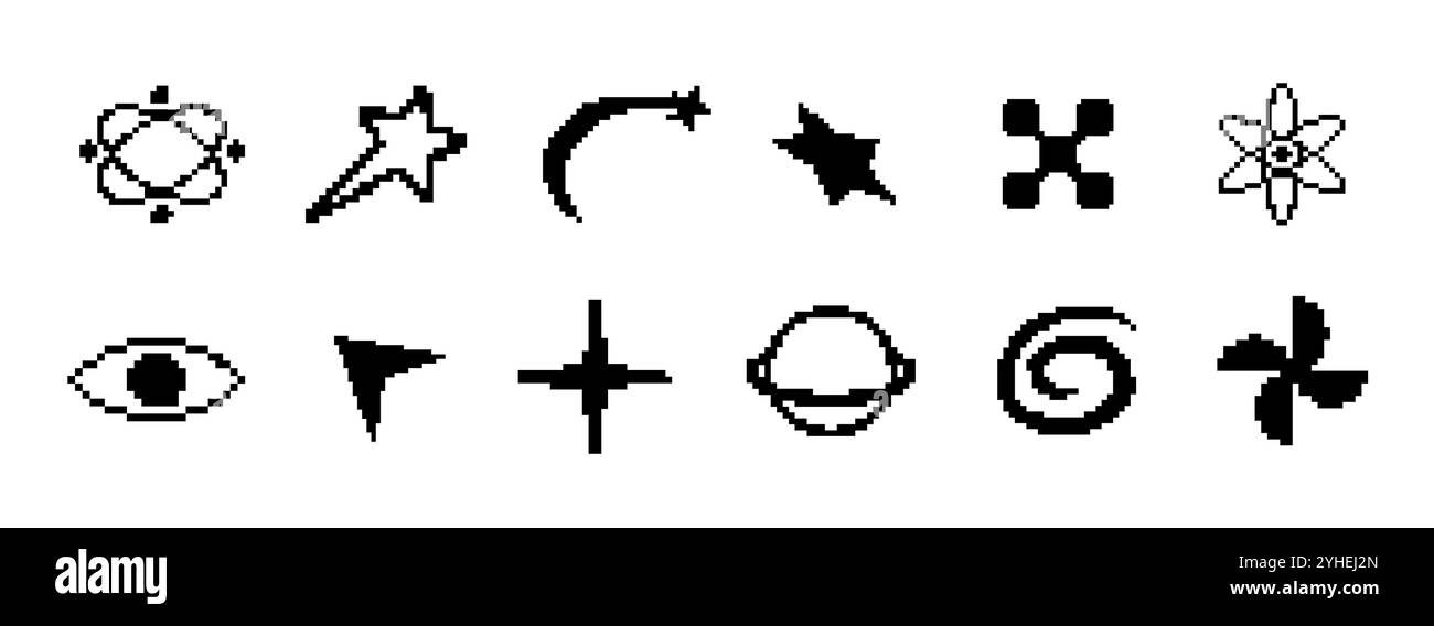 Retro pixel icons with Y2K arrows and digital particles Stock Vector ...