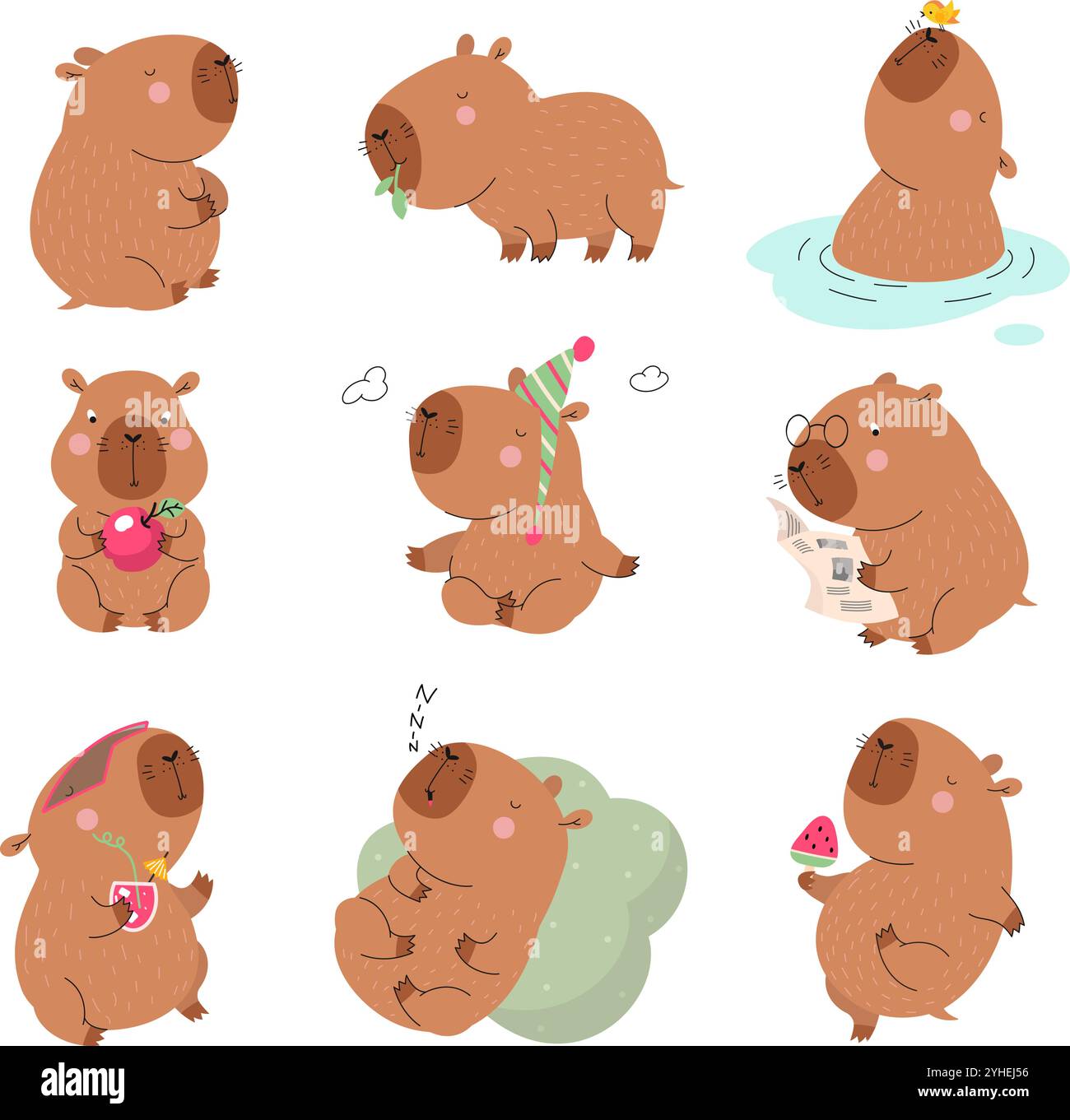 Cartoon capybara. Cute little capybaras different poses. Wild animals eating swimming reading ...
