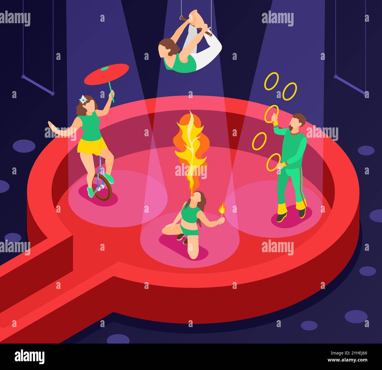 Isometric circus artists on stage. Juggler stuntman aerial gymnast on ...