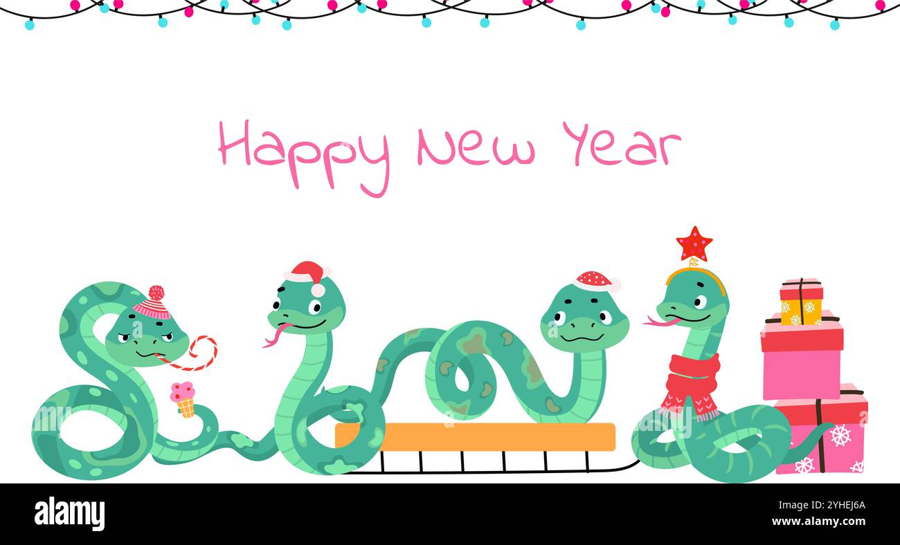 Cartoon snakes new year style. Funny snake wear santa claus hat, gift ...